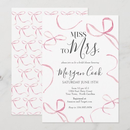 Pink bow Bridal Shower Invitation, miss to mrs Invitation | Zazzle