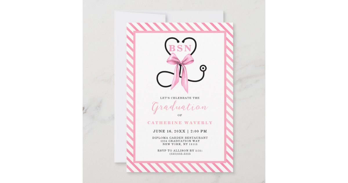 Pink Bow BSN Nurse Graduation Party Invitation | Zazzle
