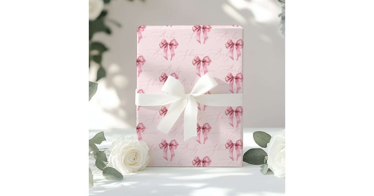 Pink Bow calligraphy modern Baby Shower Wrapping Paper | Zazzle