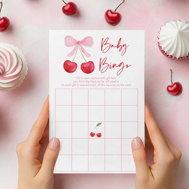 Pink Bow Cherry Baby Shower Bingo Game | Zazzle