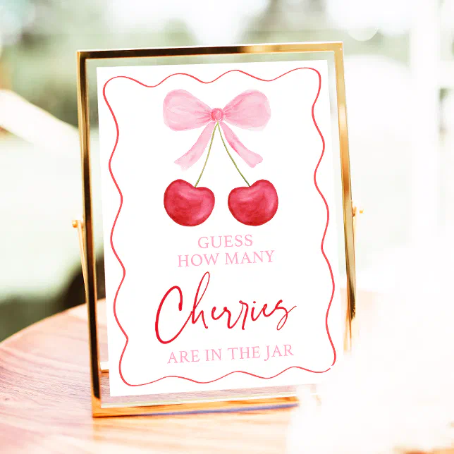 Pink Bow Cherry Guess How Many Shower Game Poster | Zazzle