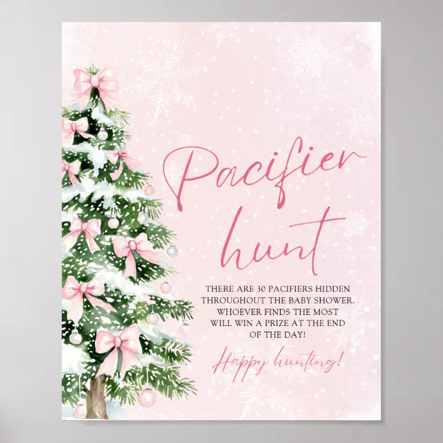 Pink Bow Christmas Tree Baby Shower Pacifier Hunt Poster | Zazzle