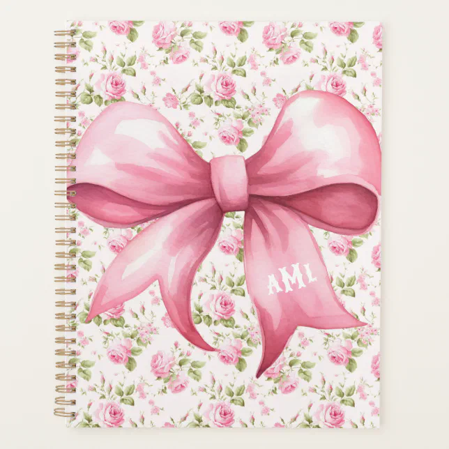 Pink Bow Coquette Cottage Rose Monogram Planner | Zazzle