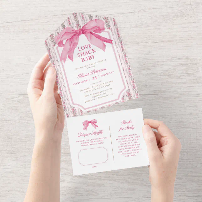 Pink Bow Coquette Love Shack Baby Shower All In One Invitation | Zazzle