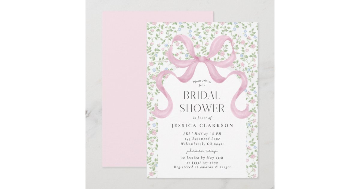 Pink Bow Cottagecore Floral Bridal Shower Invitation | Zazzle
