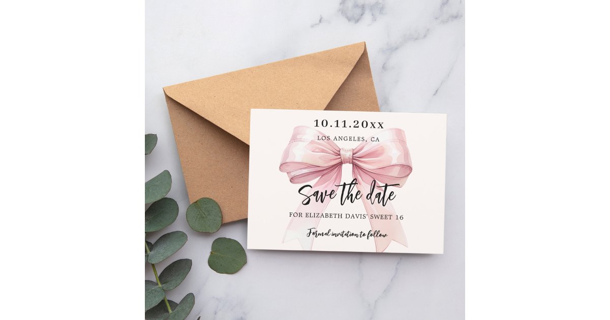Pink bow cream Sweet 16 Save the Date card | Zazzle