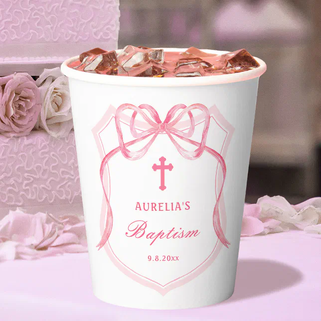 Pink Bow Crest Baptism Paper Cups | Zazzle