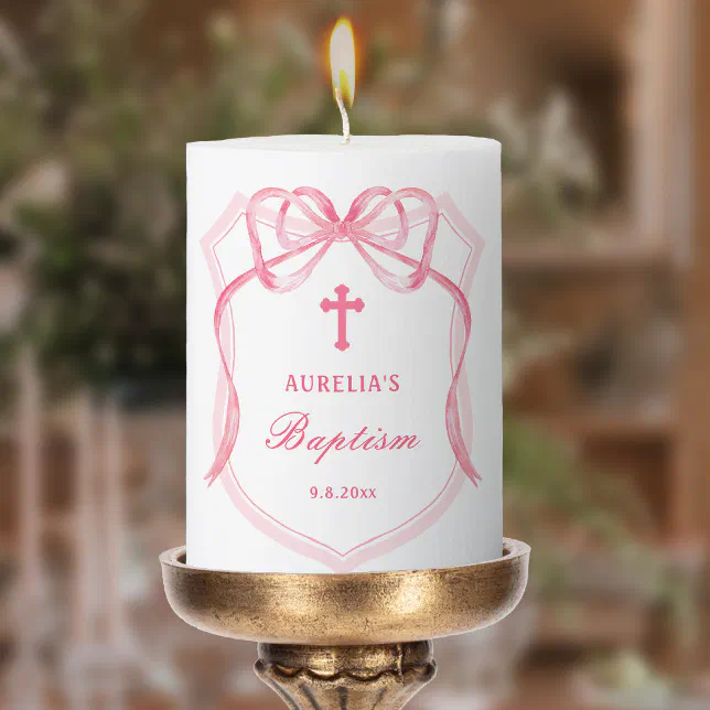 Pink Bow Crest Baptism Pillar Candle | Zazzle
