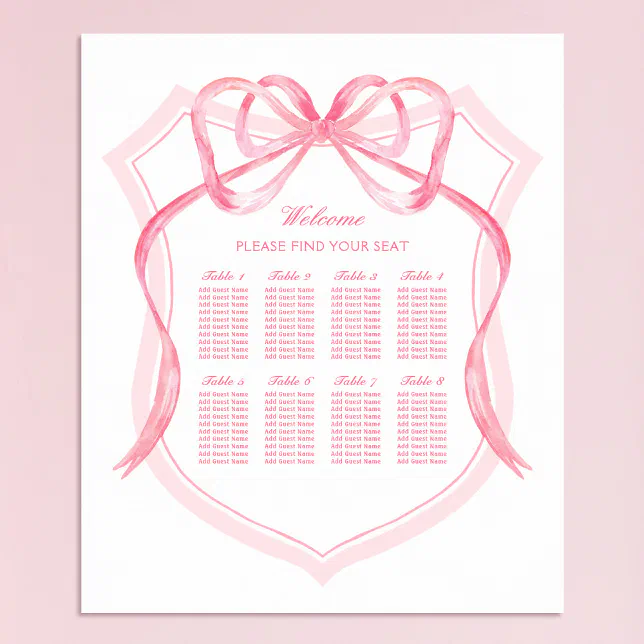 Pink Bow Crest Baptism Seating Chart | Zazzle