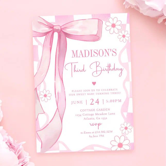 Pink Bow Elegant 3rd Birthday Invitation | Zazzle