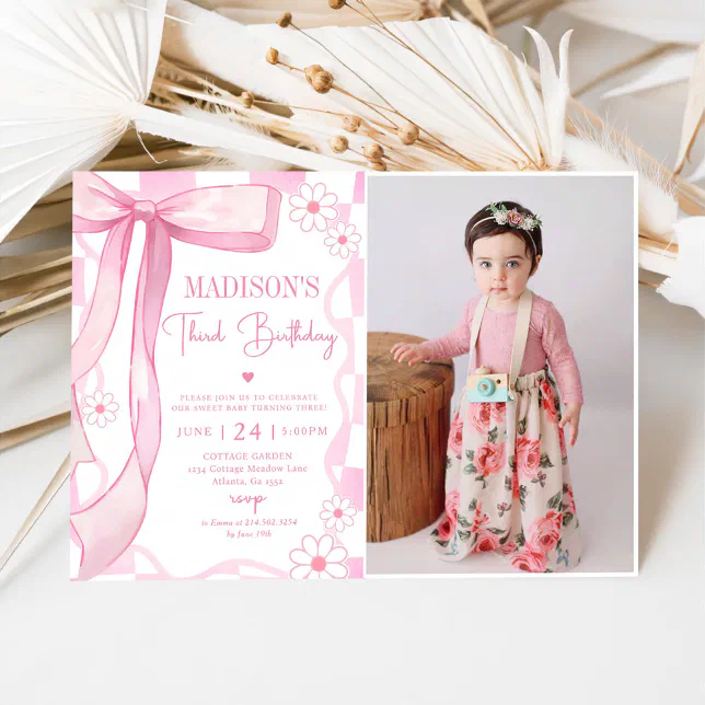 Pink Bow Elegant 3rd Birthday Photo Invitation | Zazzle