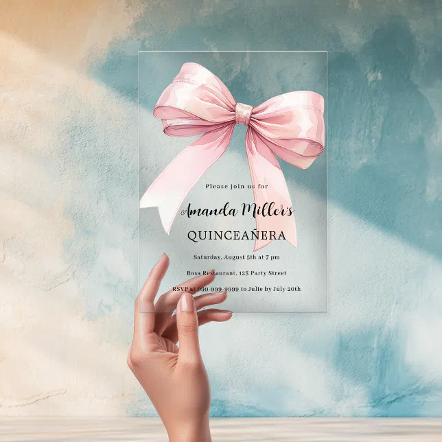 Pink bow elegant Quinceanera luxury clear Acrylic Invitations | Zazzle