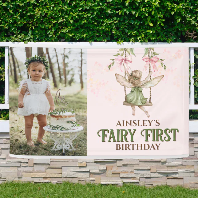 Pink Bow Fairy First 1st Birthday Cute Photo Vinyl Banner | Zazzle
