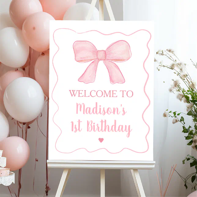 Pink Bow First Birthday Welcome Foam Board | Zazzle