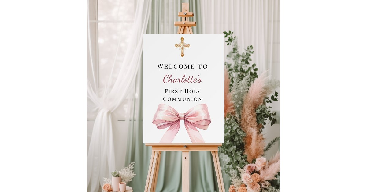 Pink bow First Holy Communion welcome Foam Board | Zazzle