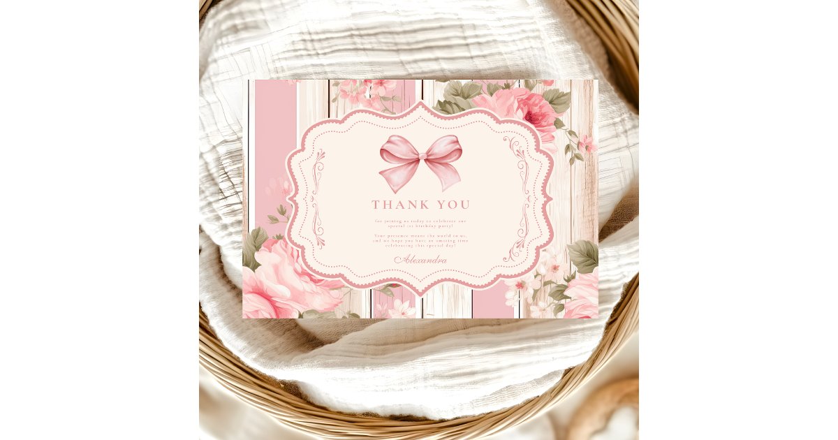 Pink Bow Floral Fancy ONE Girl 1st Birthday Thank You Card | Zazzle