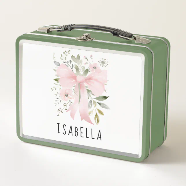 Pink Bow Floral Greenery Coquette Personalized Metal Lunch Box | Zazzle