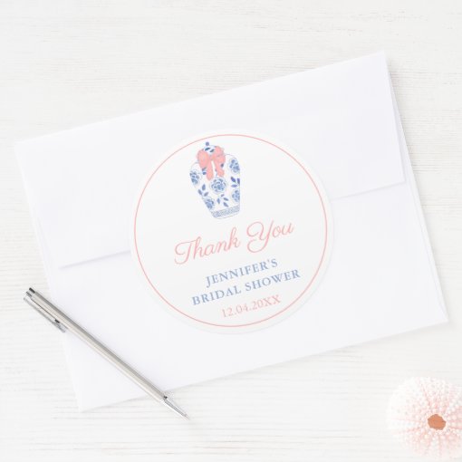 Pink Bow Ginger Jar Bridal Shower Thank You Favor Classic Round Sticker ...