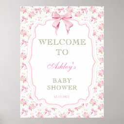 Pink Bow Girl Baby Shower Welcome Poster | Zazzle