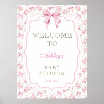 Pink Bow Girl Baby Shower Welcome Poster | Zazzle