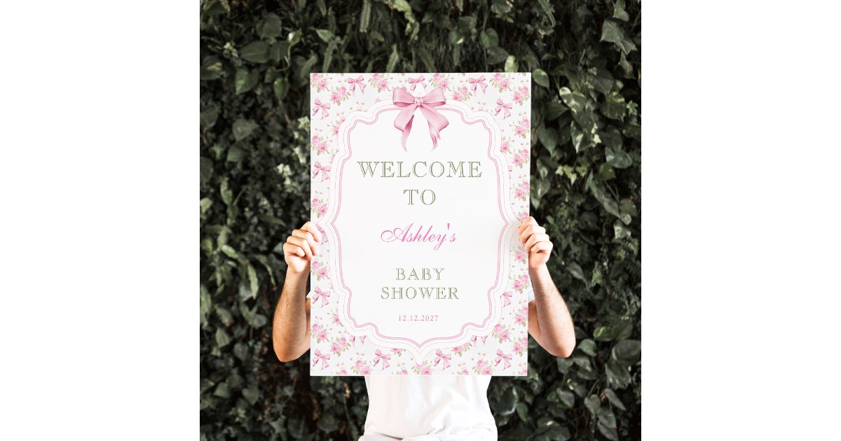 Pink Bow Girl Baby Shower Welcome Poster | Zazzle