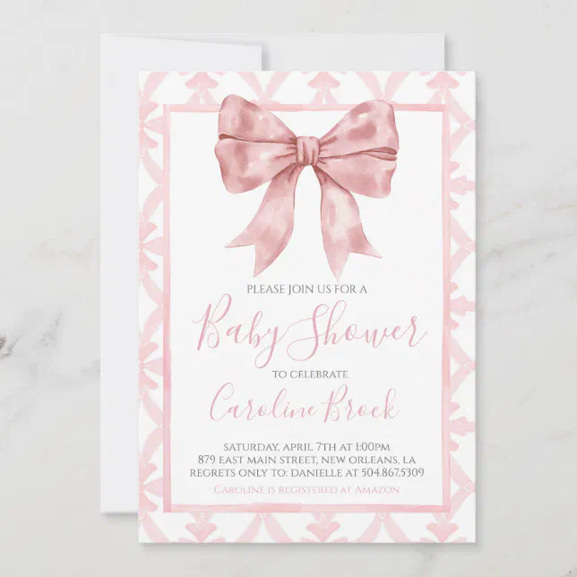 Pink Bow Girl Preppy Southern Baby Shower Invitation | Zazzle
