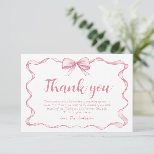 Pink Bow Girl Ribbon Baby Shower Thank You Card | Zazzle