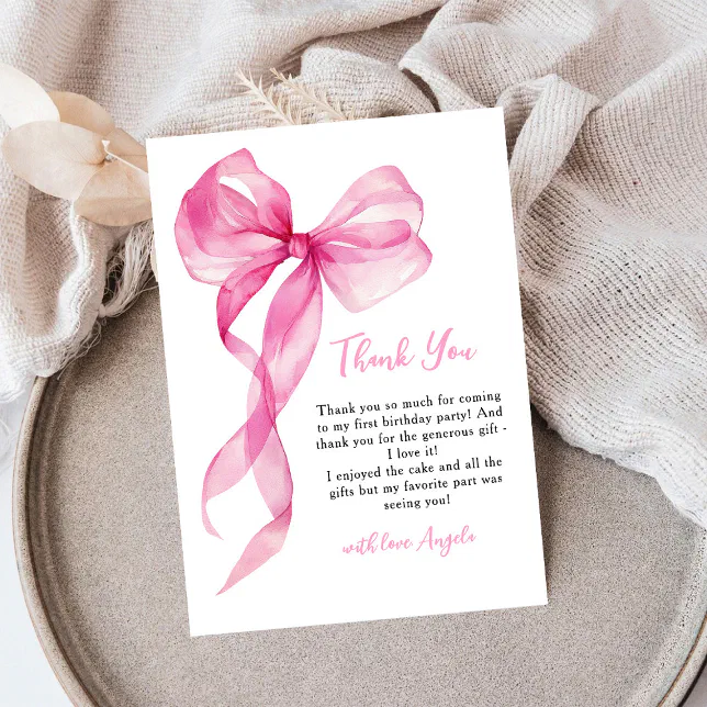 Pink Bow Girls 1st Birthday Thank You Card | Zazzle