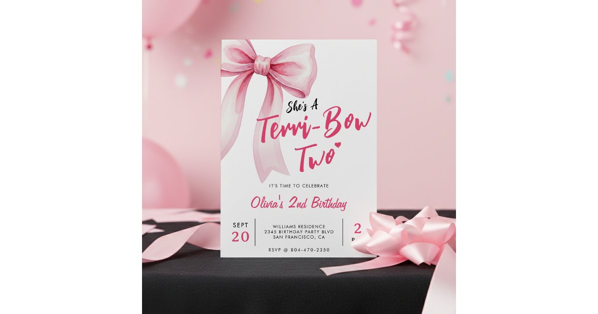 Pink Bow Girls 2nd Birthday Party Terrible Two Invitation | Zazzle