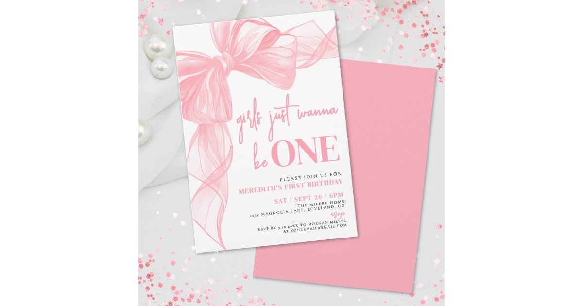 Pink Bow Girls Just Wanna Be ONE 1st Birthday Invitation | Zazzle