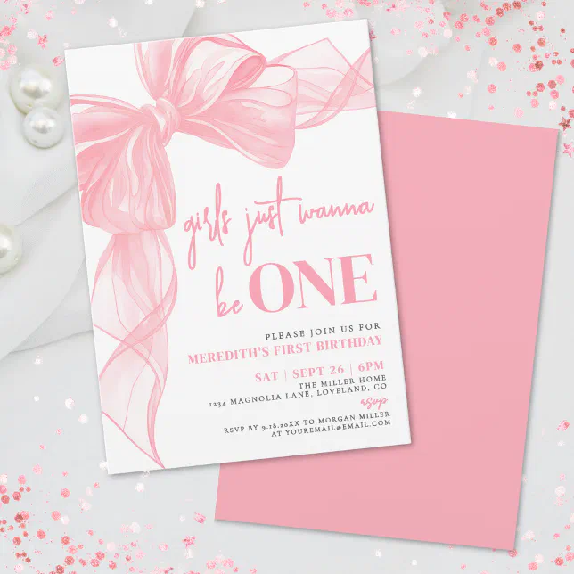 Pink Bow Girls Just Wanna Be ONE 1st Birthday Invitation | Zazzle