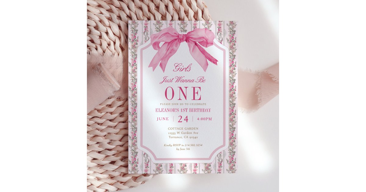 Pink Bow Girls Just Wanna Be One 1st Birthday Invitation | Zazzle