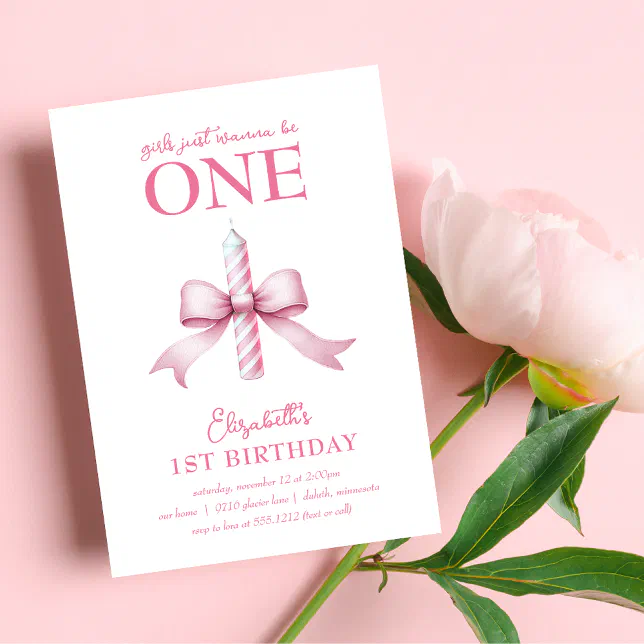 Pink Bow Girls Just Wanna Be One 1st Birthday Invitation | Zazzle