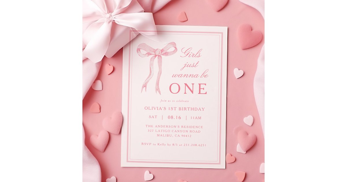 Pink Bow Girls Just Wanna Be One 1st Birthday Invitation | Zazzle