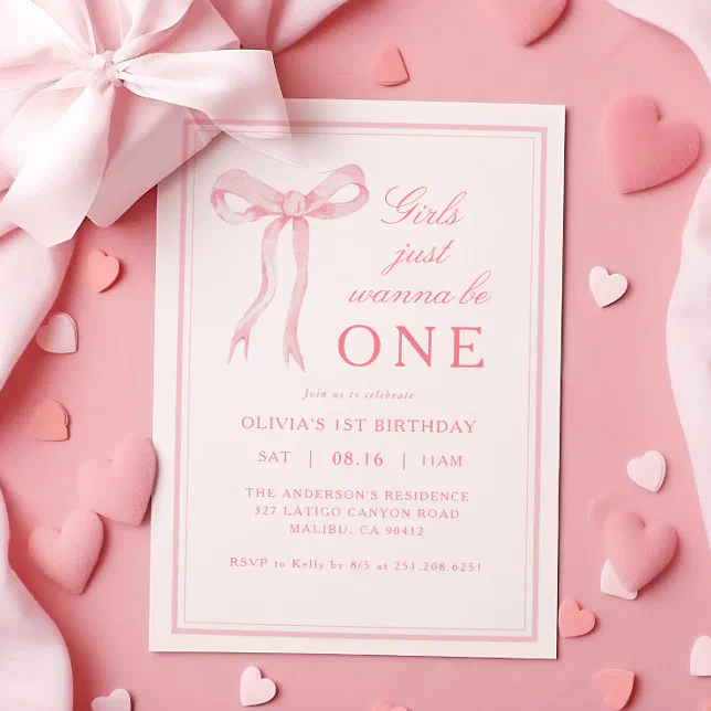 Pink Bow Girls Just Wanna Be One 1st Birthday Invitation | Zazzle