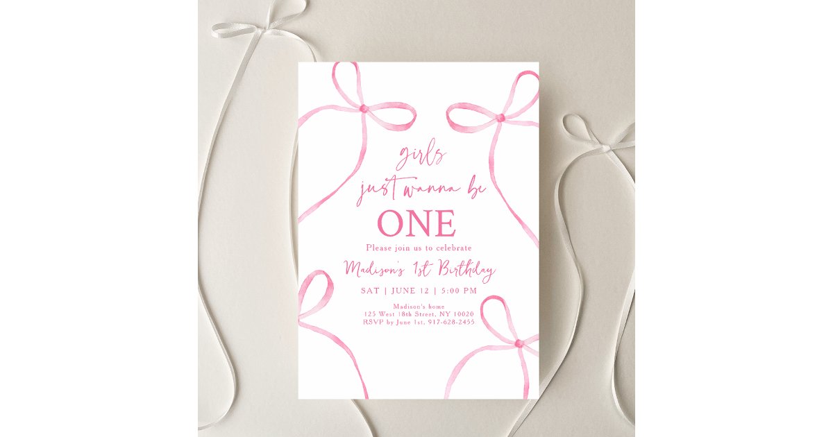 Pink Bow Girls Just Wanna Be One 1st Birthday Invitation | Zazzle