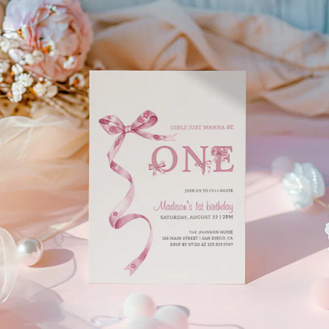 Pink Bow Girls Just Wanna Be One Birthday Girl Invitation | Zazzle