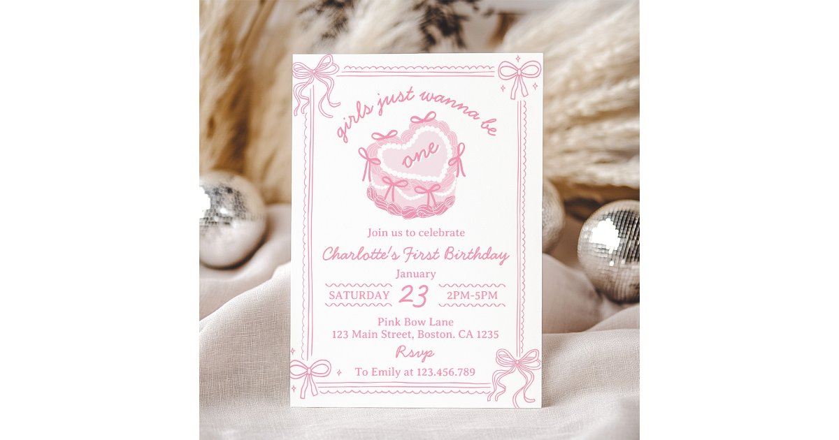 Pink Bow Girls Just Wanna Be One Birthday Invitation | Zazzle
