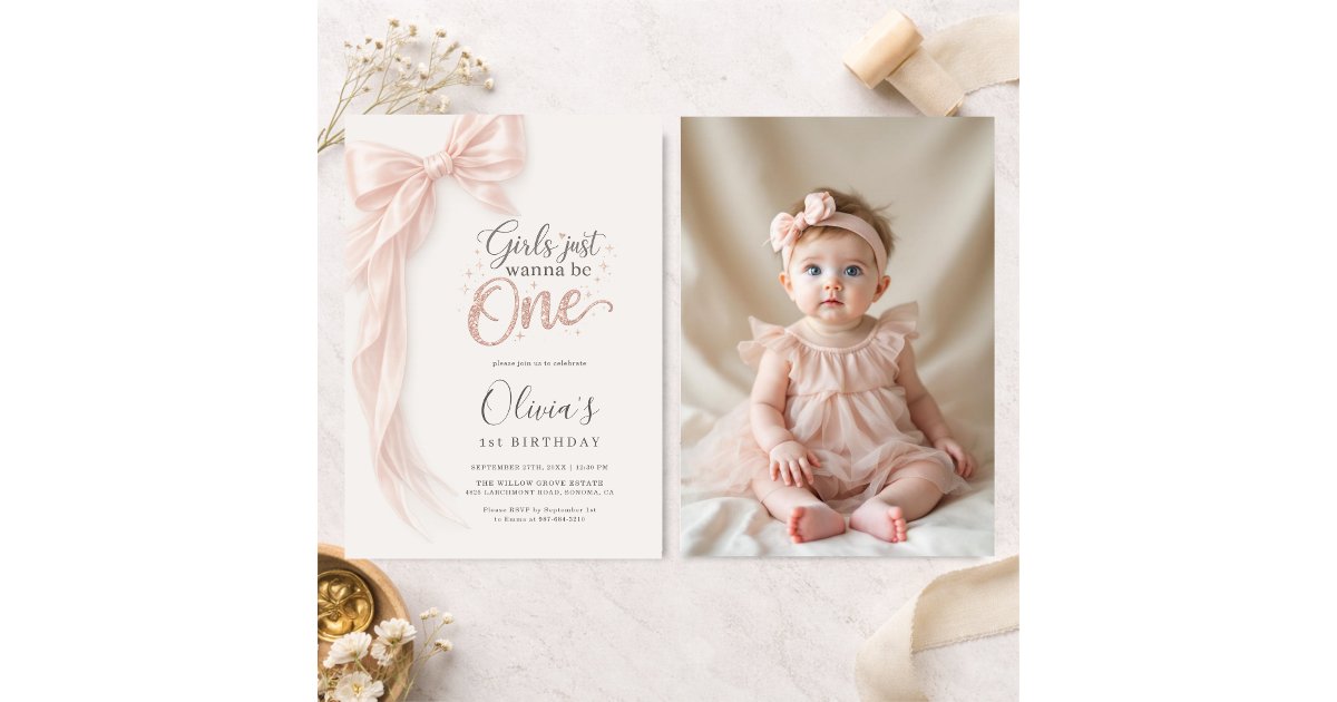 Pink Bow Girls Just Wanna be One Photo Birthday Invitation | Zazzle