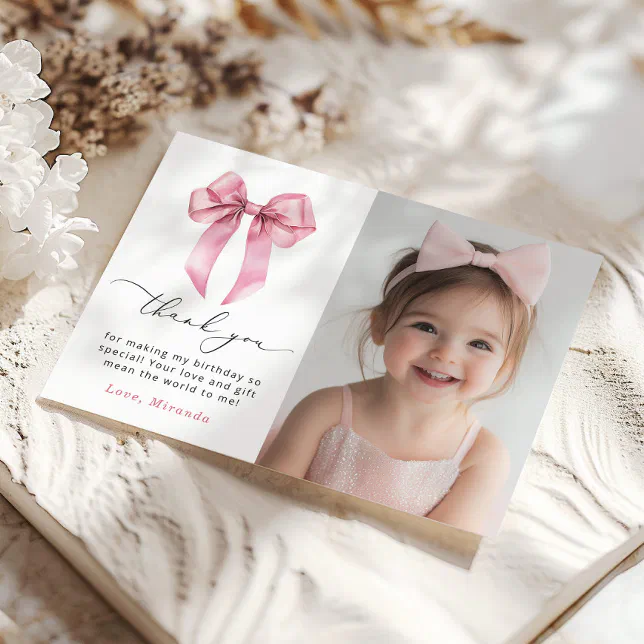 Pink Bow Girls just wanna be One Photo Thank you Invitation | Zazzle