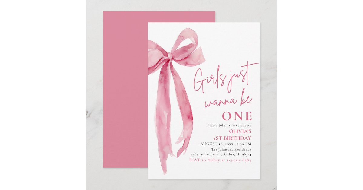Pink Bow Girls Just Want To Be One 1st Birthday Invitation | Zazzle