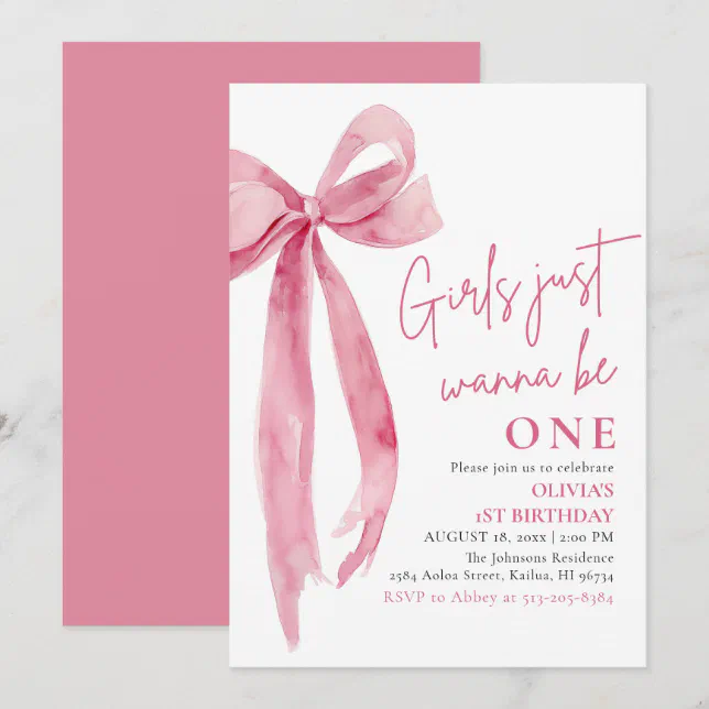 Pink Bow Girls Just Want To Be One 1st Birthday Invitation | Zazzle
