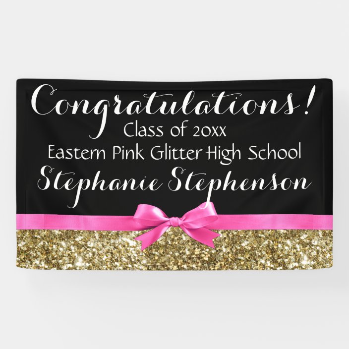 Pink Bow Gold Glitter Girls Graduation Party Banner | Zazzle.com