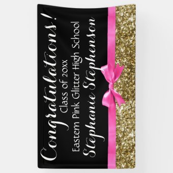 Pink Bow Gold Glitter Girls Graduation Party Banner | Zazzle