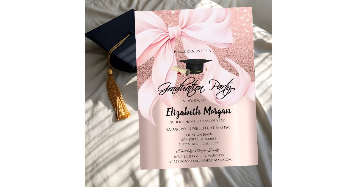 Pink Bow Grad Cap Rose Gold Glitter Graduation Invitation | Zazzle