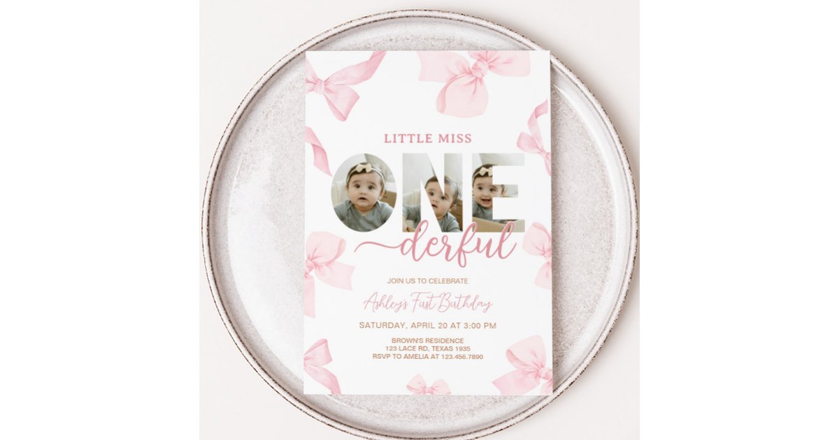 Pink Bow Little Miss Photo Birthday Party Invitation | Zazzle