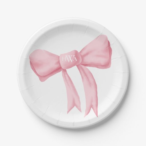 Pink Bow Monogram Preppy Paper Plates | Zazzle
