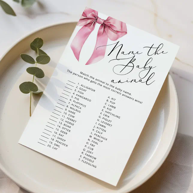 Pink Bow Name the baby animal baby shower game | Zazzle