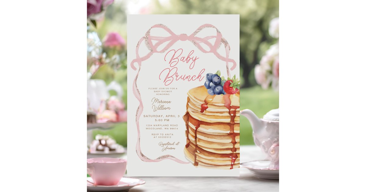 Pink Bow Pancakes Baby Shower Brunch Invitation | Zazzle