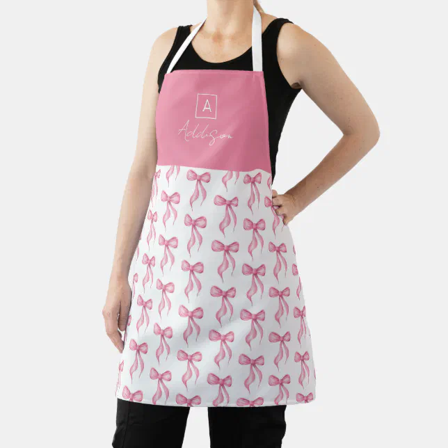 Pink Bow Pattern Monogram Personalized Apron | Zazzle